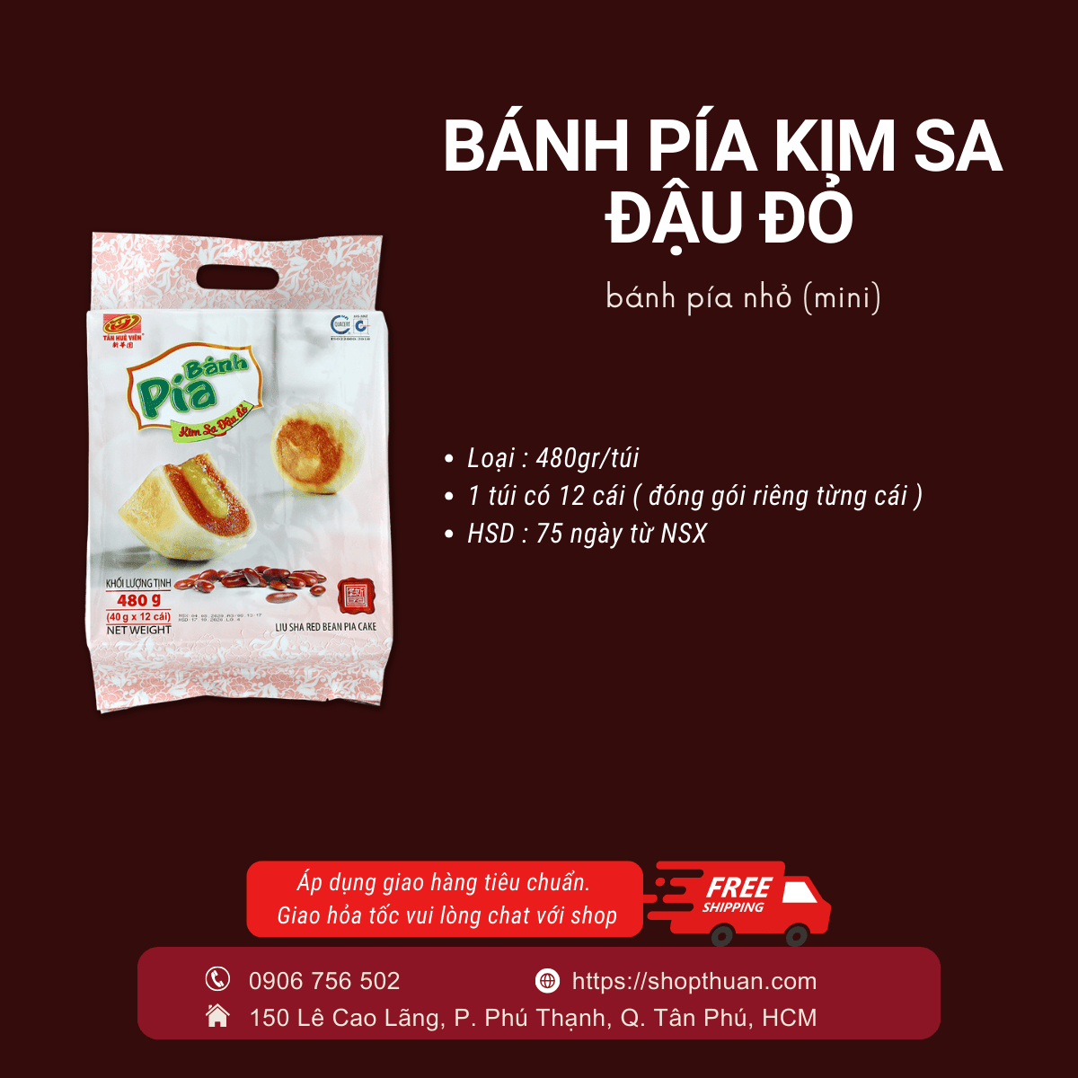 Bánh pía kim sa đậu đỏ 480g ( 12 cái ) - bánh pía mini - shopthuan